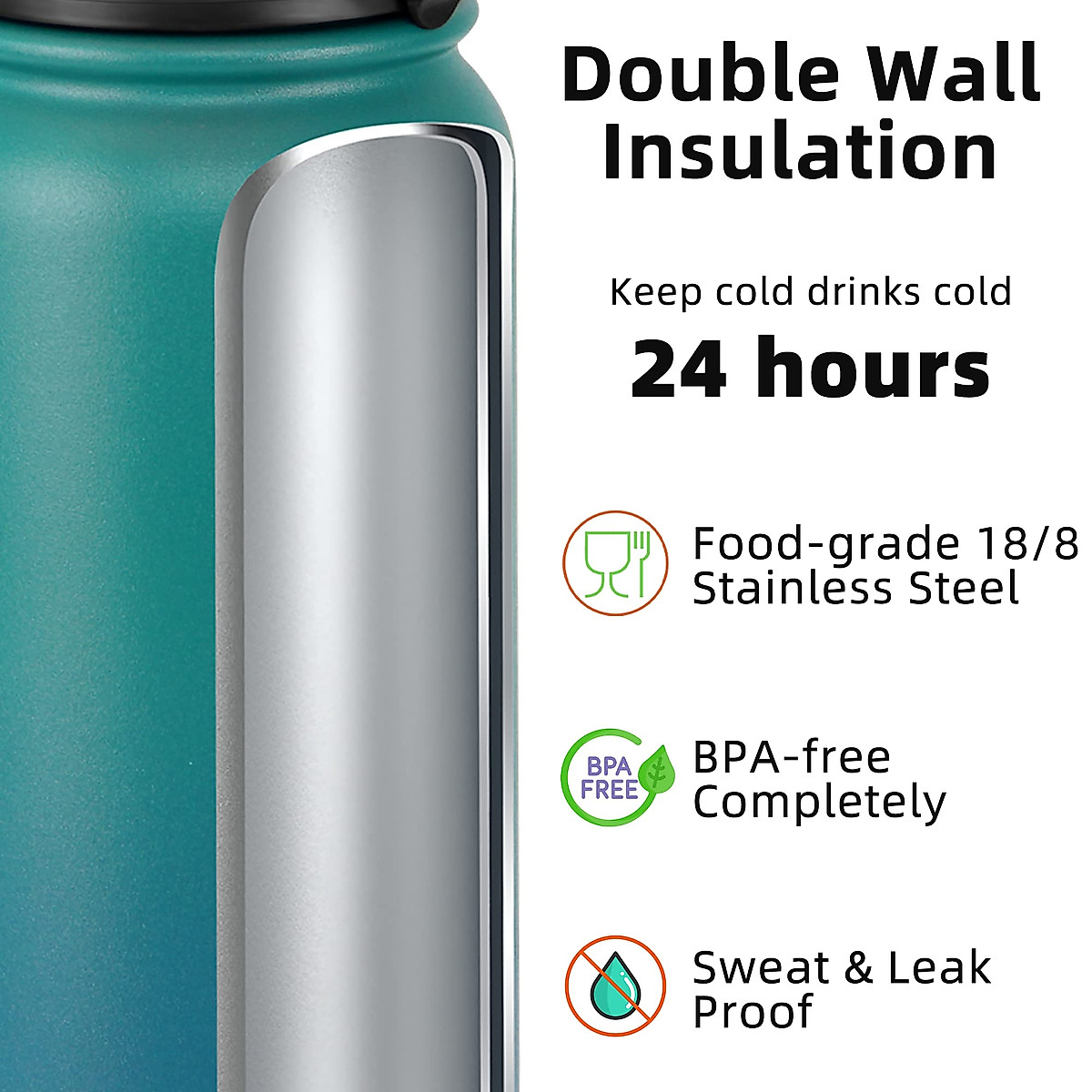 Fanhaw 40 Oz Insulated Stainless Steel Water Bottle with Chug Lid - Leak & Sweat Proof with Anti-Dust Lid (Green Blue)