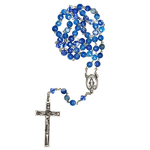 Gemstone Catholic Prayer Rosary - Includes "How to Pray the Rosary", Rosary Pouch and Gemstone meaning (Blue Agate - Silver)