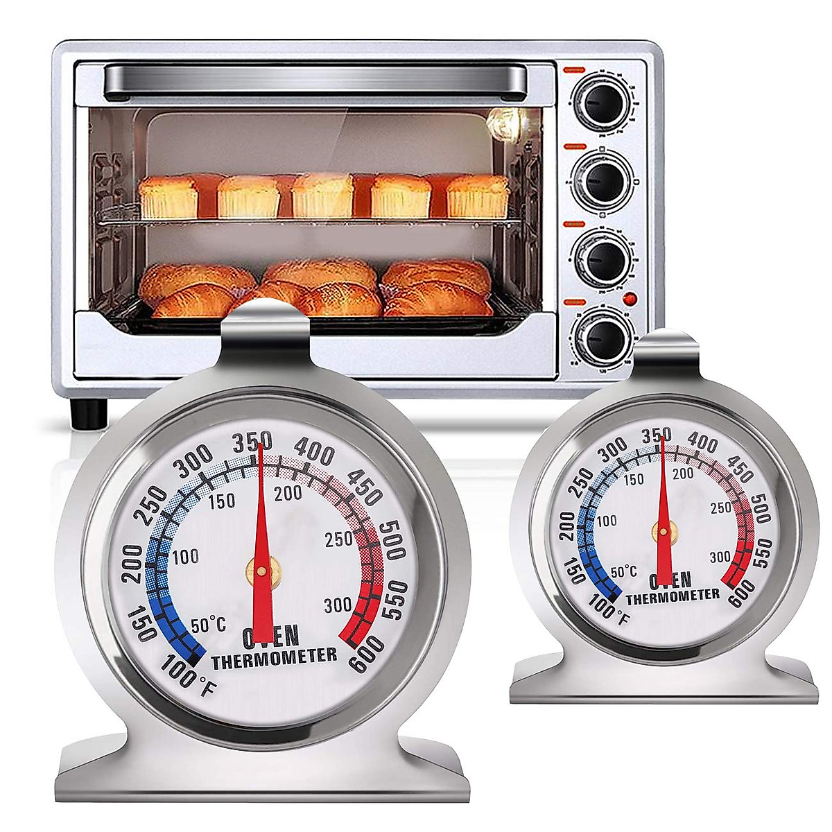 Oven Thermometer Oven Grill Fry Chef Smoker Thermometer Instant Read Stainless Steel Thermometer Kitchen Cooking Thermometer with Hook and Panel Base Hang For Kitchen Home Cooking Baking BBQ (2 Pack)