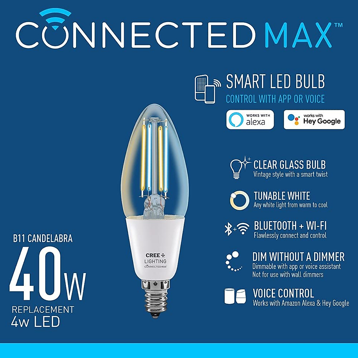 Cree Connected Max Smart Led Vintage Glass Filament Bulb B11 Candelabra 40W Tunable White, 2.4 Ghz, Works with Alexa and Google Home, No Hub Required, Bluetooth + WiFi, 1Pk (Cmb11-40W-Al-9Tw-Gl)