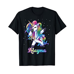 ALAYNA Name Personalized Custom Rainbow Unicorn Dabbing T-Shirt