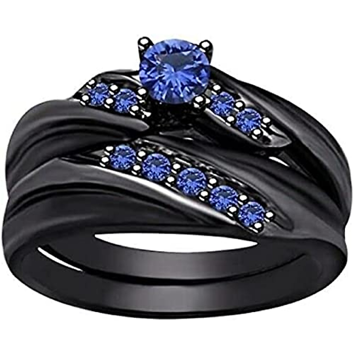 Aryan Jewels 2.10 Ct Round Cut Blue Sapphire Engagement Wedding Women's Bridal Ring Set 14k Black Gold Finish (5.5)