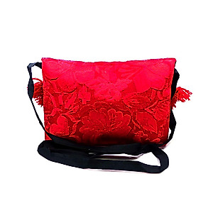 Floral Embroidered Pom Tassel Fringe Slim Envelope Clutch Purse Crossbody Strap Bag - Women Fashion Handmade Boho Accessories (Red)