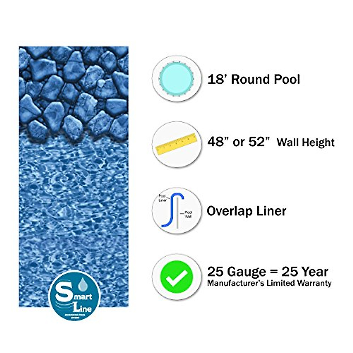 Smartline Boulder Swirl 18-Foot Round Liner | Overlap Style | 48-to-52-Inch Wall Height | 25 Gauge Virgin Vinyl | Designed for Steel Sided Above-Ground Swimming Pools | Universal Gasket Kit Included