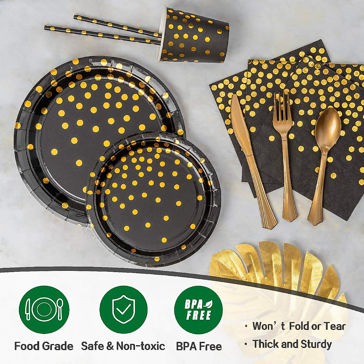 350PCS Black and Gold Party Supplies - Birthday Plates and Napkins Sets for 50, Includes Black Party Plates, Napkins, Cups for Retirement Adult Party Decorations，New Year Party Supplies 2024