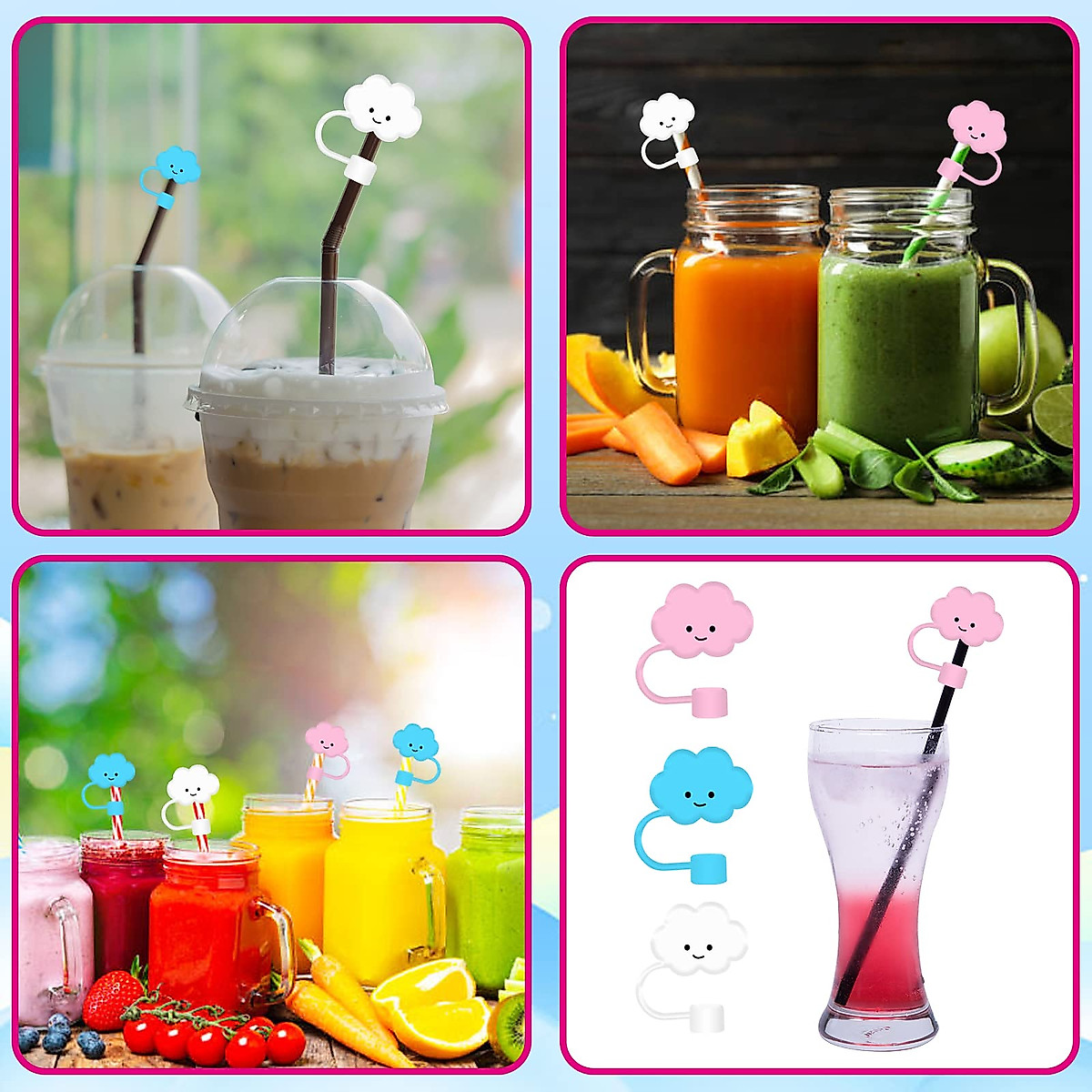 Silicone Straw Tips Cover 6 Pack Reusable Cloud Shape Straw Covers Protector Cute Straw Plugs Drinking Straw Tips Lids Anti-dust Silicone Straw Caps for 6-8 mm Straws (White Cloud style)