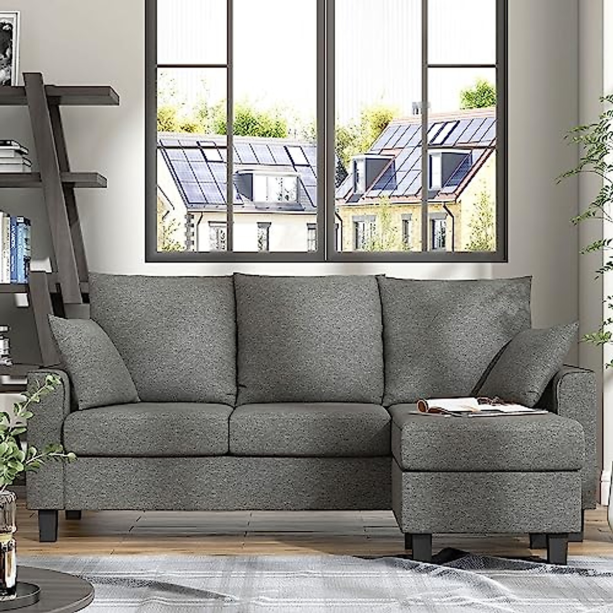HOMES: Inside + Out Bevis Modern Convertible Sectional for Living Room and Bedroom, L-Shaped Couch with Linen Fabric for Apartment, 3 Seat Sofa with Chaise for Small Spaces and Office, Gray