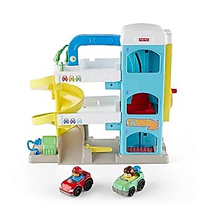 Fisher-Price Little People Toddler Toy Helpful Neighbor’S Garage Playset with Spiral Ramp and 2 Wheelies Cars for Ages 18+ Months