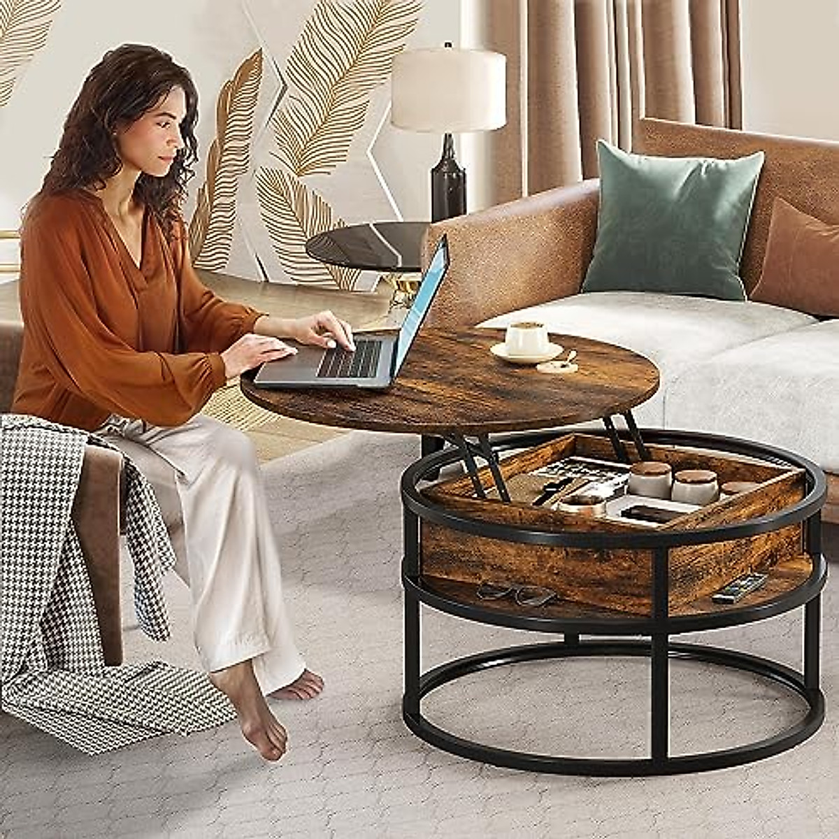 YITAHOME Round Lift Top Coffee Table, Coffee Tables with Living Room with Hidden Storage Compartment, Coffee Table with Storage for Home Office,Circle Center Tables Living Room,Rustic Brown