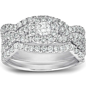 1 1/4 Ct Cushion Halo Diamond Engagement Wedding Ring 3-Piece Set White Gold - Size 4.5