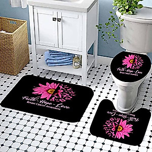 EARVO 4Pcs Breast Cancer Awareness Shower Curtain Curtain Set with Non-Slip Rugs, Toilet Lid Cover and Bath Mat, Pink Ribbon Bath Curtain 71x72 inches 12 Hooks SETYYEA22