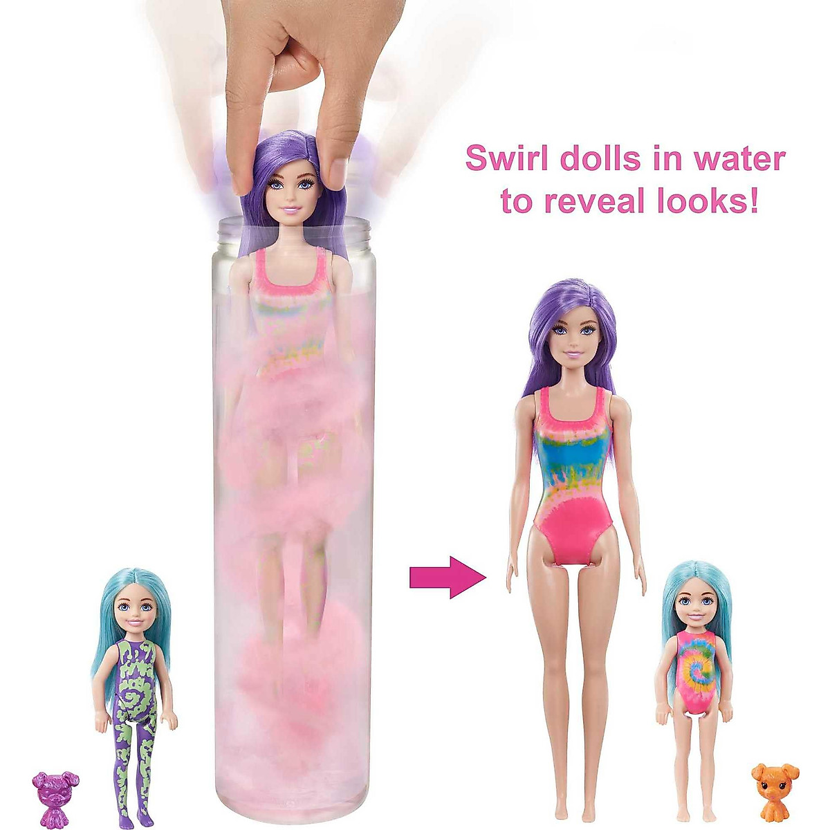 Barbie Color Reveal Toy Set, Tie-Dye Fashion Maker with Barbie & Chelsea Dolls & Accesssories, 50 Surprises Including Pets