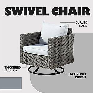 CAODOC 4 Pieces Wicker Patio Furniture Set,PE Rattan Outdoor Conversation Sofa Set with 30inch Fire Pit Table, Non-Slip Cushions and Swivel Chair(Grey)