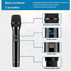 VeGue Wireless Microphone, Metal Dual Professional UHF Cordless Dynamic Mic Handheld Microphone System for Home Karaoke Party, Meeting, Church, DJ, Wedding, Home KTV Set