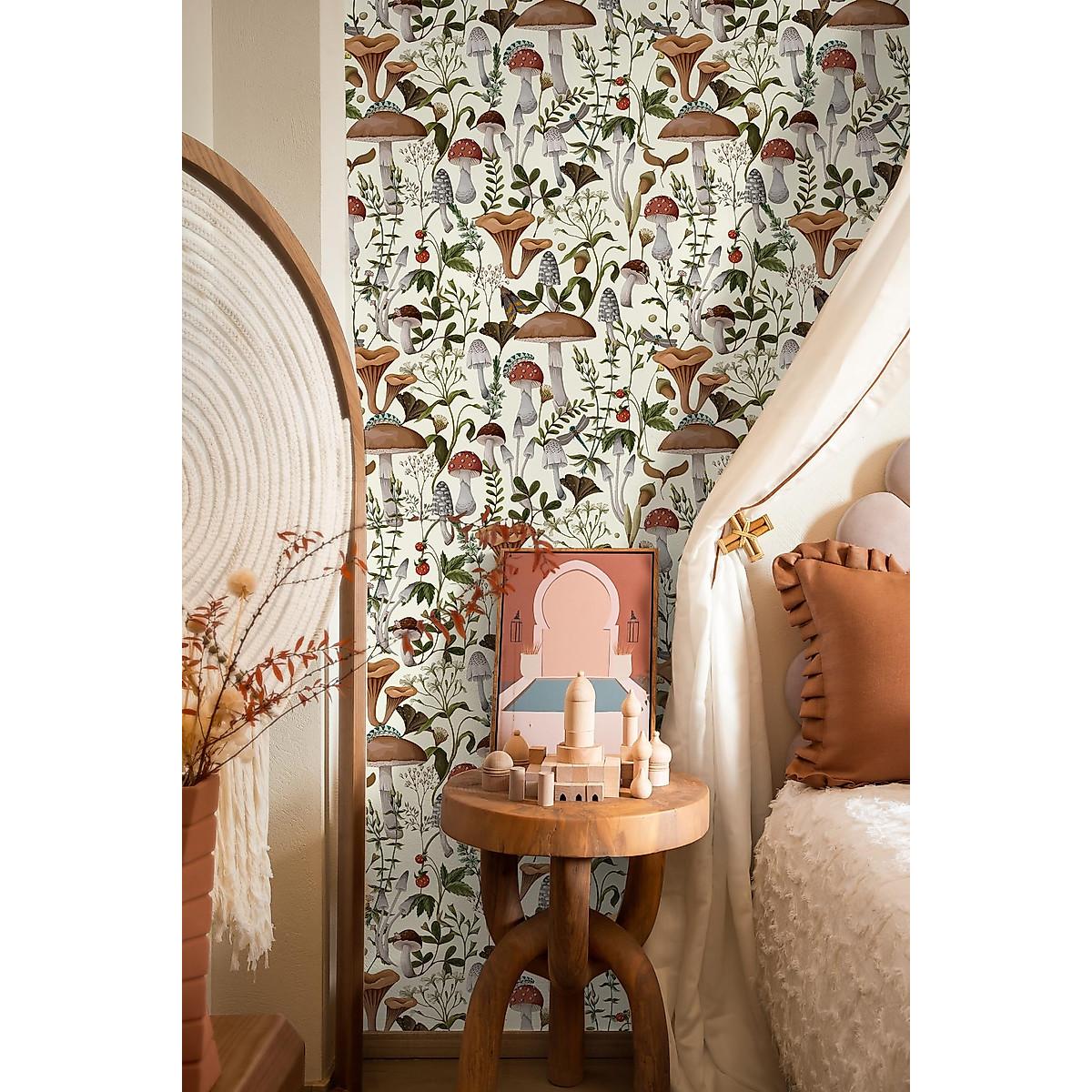 HAOKHOME Boho Peel and Stick Wallpaper Mushroom Forest Removable Stick on Contact Paper for Kitchen Bathroom Beige/Brown/Green 17.7in x 9.8ft