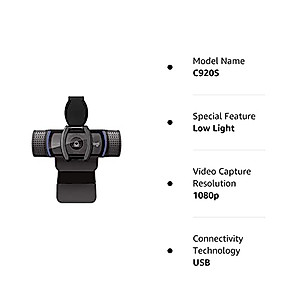 Logitech Webcam C920S HD Pro with Privacy Shutter - 1080p Streaming Widescreen Video Camera - Built in Microphone for Recording