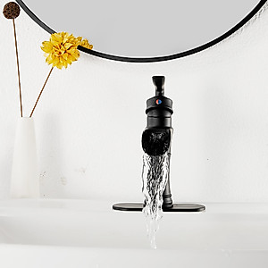 Waterfall Bathroom Faucet GGStudy Black Single Handle One Hole Farmhouse Matte Black Bathroom Vanity Faucet Basin Mixter Tap Deck Mount with Drain Assembly