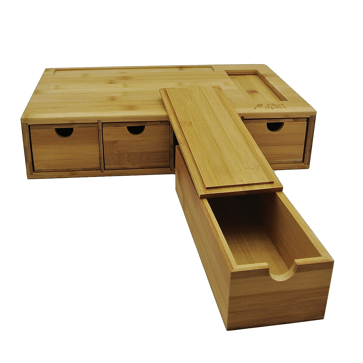 Chef Space Large Bamboo Sushi Prep Cutting Board with Space-Saving Storage Trays - 16" x 10"