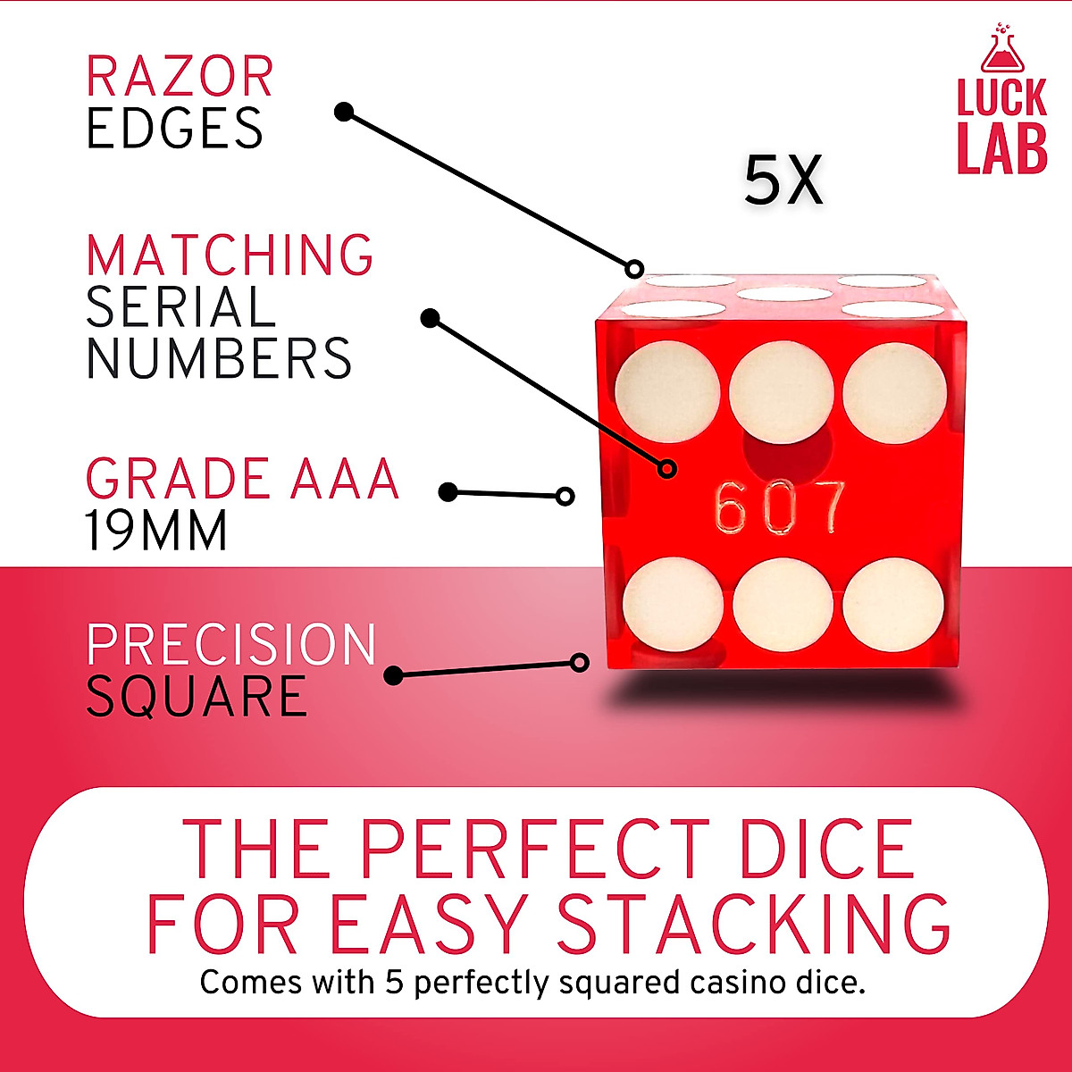 Luck Lab Black Leather Dice Stacking Cup with 5 Serialized Razor Edge 19 mm Casino Dice - Pro Straight Cup for Stacking and Magic Tricks (Red Dice)