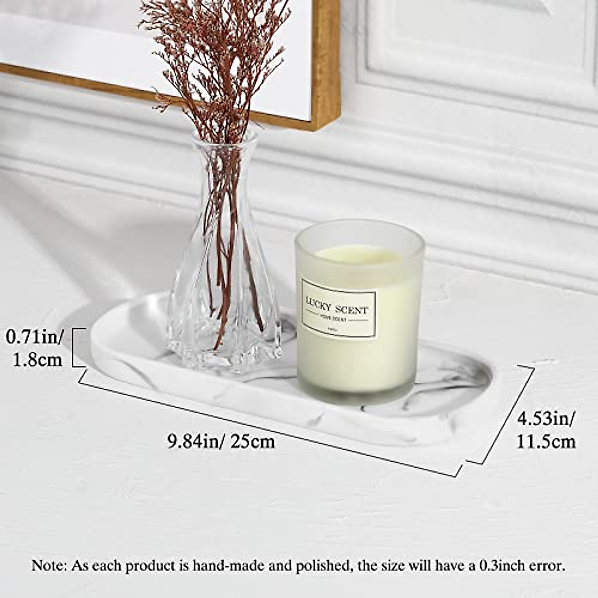 Luxspire Bathroom Vanity Tray, Toilet Tank Oval Storage Tray, Resin Handmade Bathroom Bathtub Kitchen Dresser Countertop Organizer for Soap Shampoo Candles Towel Plant Jewelry Ring Dish - White Marble