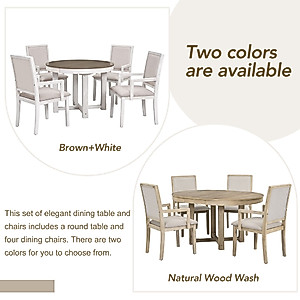 BIADNBZ 5-Piece Dining Table Sets for 4,Including Two-Size Round to Oval Extendable Butterfly Leaf Wood Tabletop and 4 Upholstered Chairs with Armrests for Home&Kitchen DiningRoom,Brown+White