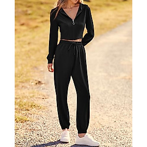 KIRUNDO Women's Sweatsuits Tracksuit Fall Zip Hoodie Jogger Sweatpants 2 Piece Plain Athletic Sports Casual Sweat Suits (Black, Small)