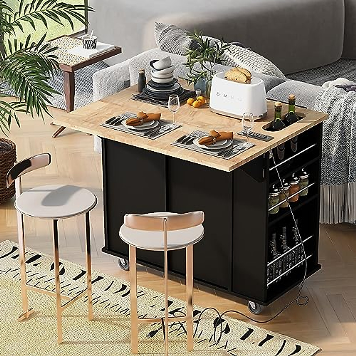 Gustonhon Kitchen Island with Drop Leaf,Dining Table Trolley with Power Outlet and Rubber Wood,Open Storage and Wine Rack,5 Wheels,with Adjustable Storage for Home, Kitchen, and Dining Room (Black)