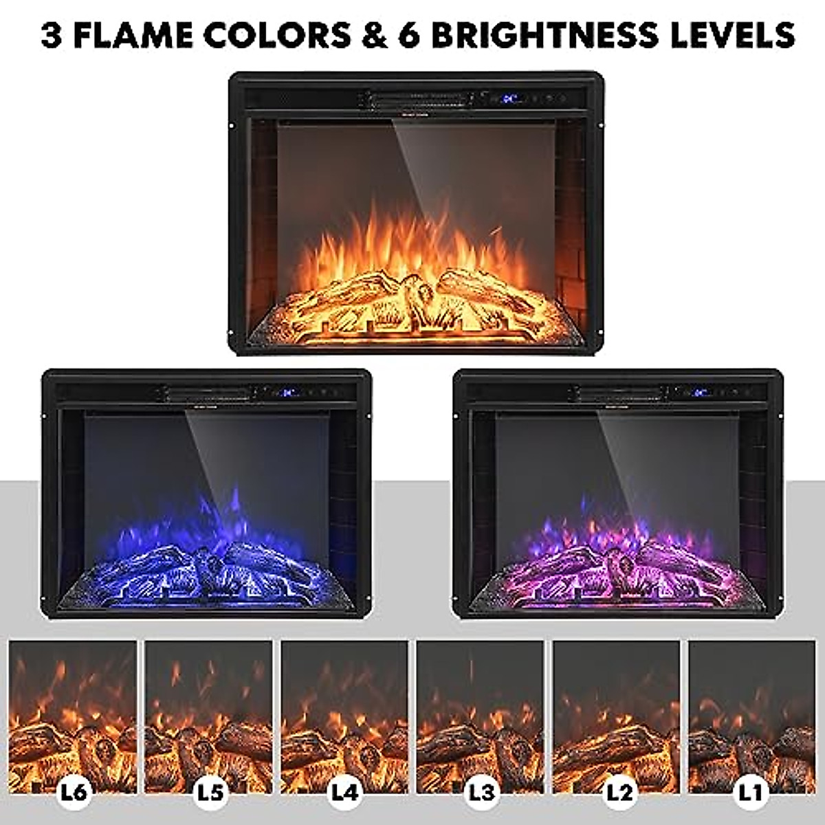 Tangkula 26 Inches Electric Fireplace Inserts with Remote Control, Recessed Fireplace with 3 Flame Effects, 6 Brightness, Thermostat, 6H Timer, 750W/1500W
