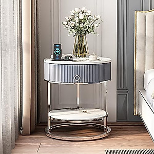OIOG Modern End Table with Drawer, 2 Tier Side Table with Shelf, Round Nightstand with Sintered Stone Tabletop and Chrome Legs for Living Room, Bedroom, Home Office, Dorm, Silver