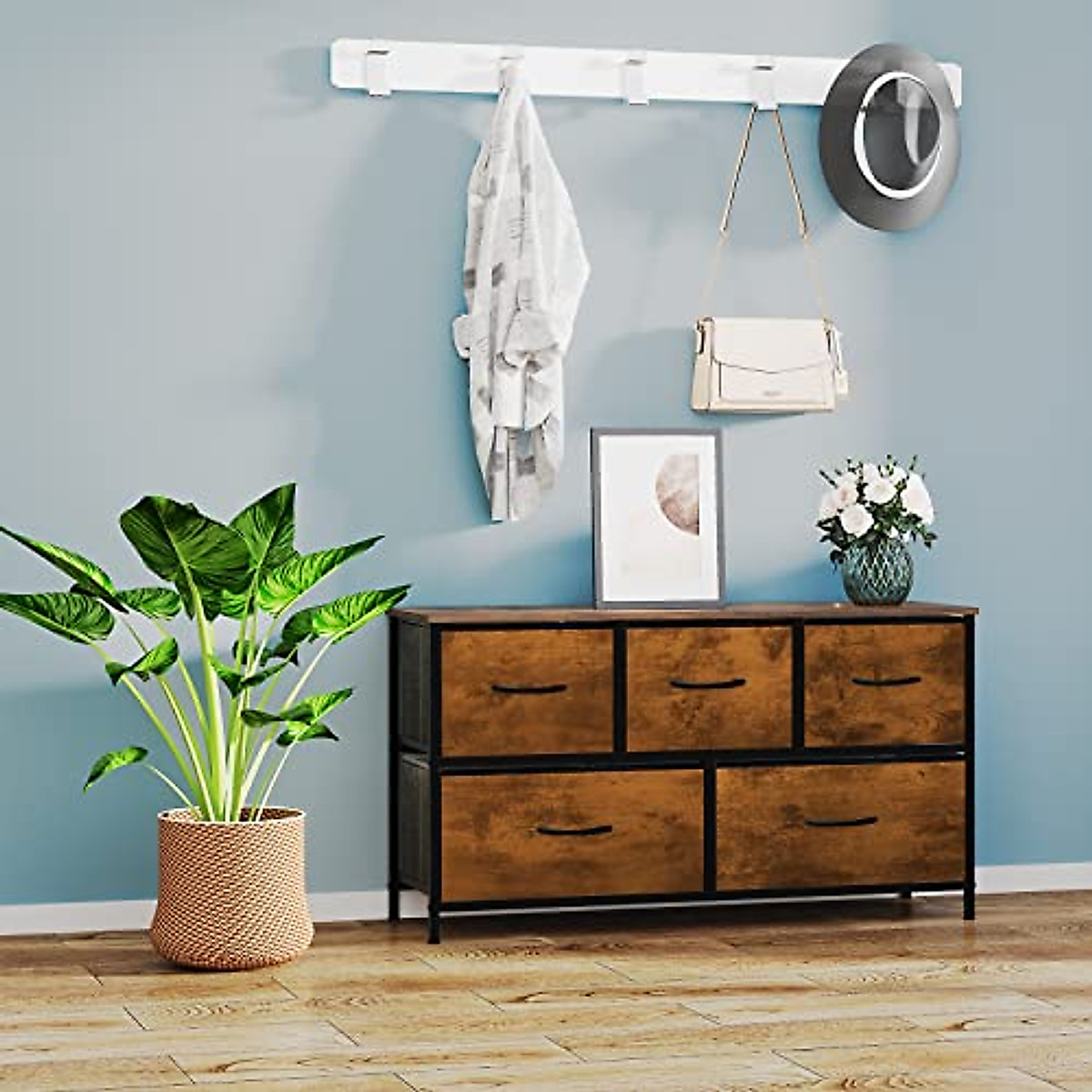 Maxtown 5 Drawer Dresser, Bedroom TV Stand with Storage Cabinet, Fabric Dresser with Steel Frame Wood Top, Kids Room, Hallway, Entrance, Living Room and Dorm Furniture Brown