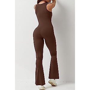 QINSEN Jumpsuit for Women Wide Leg Full Length Leggings Sexy Sleeveless Tank Flare Playsuit Coffee S