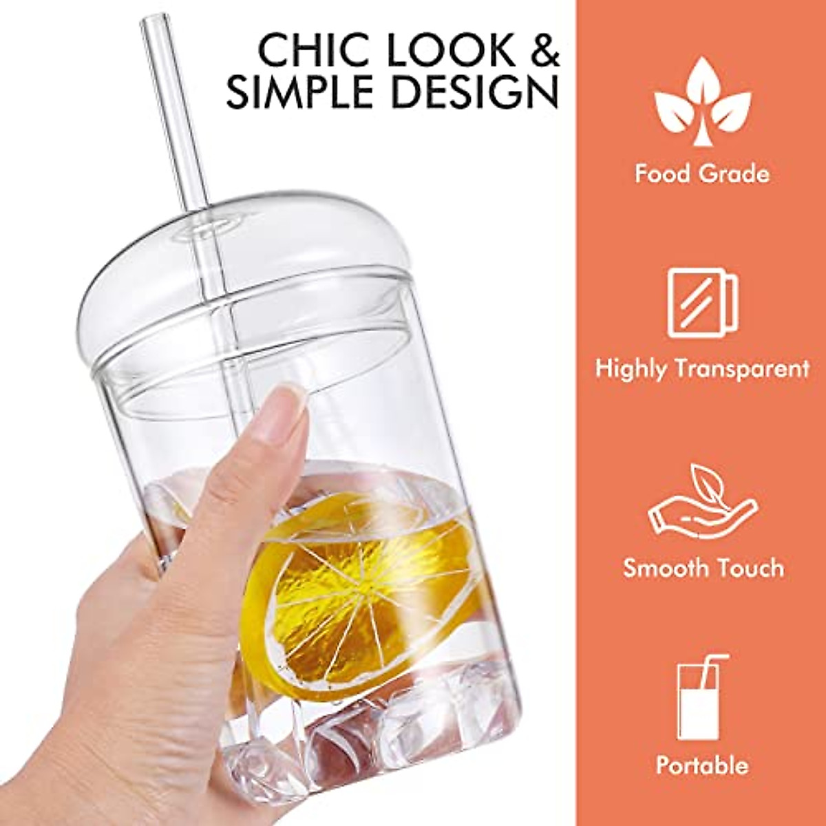 UPKOCH 3 Pack Cups with Lid and Coffee Tumblers Heat Resistant Milk Cup Clear Drinking Glasses for Bubble Tea Smoothie Coke Soda Home Office Bar