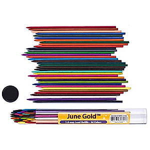 June Gold 36 Assorted Colored 2.0 mm Lead Refills, Bold & 90 mm Length, 36 Unique Colors, Pre-Sharpened, Break & Smudge Resistant