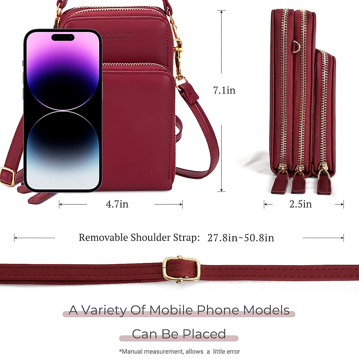 WITERY Small Cellphone Crossbody Purse- Lightweight Leather Travel Phone Crossbody Bags Shoulder Bags with 2 Shoulder Straps & Credit Card Slots for Women