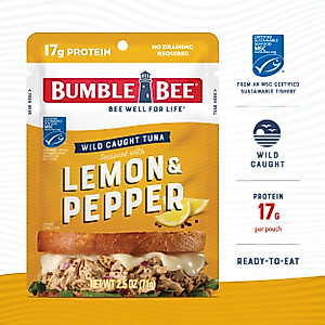 Bumble Bee Lemon & Pepper Seasoned Tuna, 2.5 oz Pouches (Pack of 12) - Ready to Eat - Wild Caught Tuna Packet - 17g Protein per Serving - Gluten Free