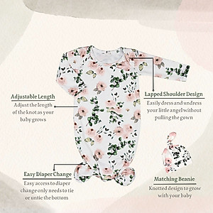 Giggle Angel Newborn Baby Sleeper Gown Knotted Gown Baby Girl Coming Home Outfits 2-Piece Gown and Hat Set 0-3 Months (pinkleaf)