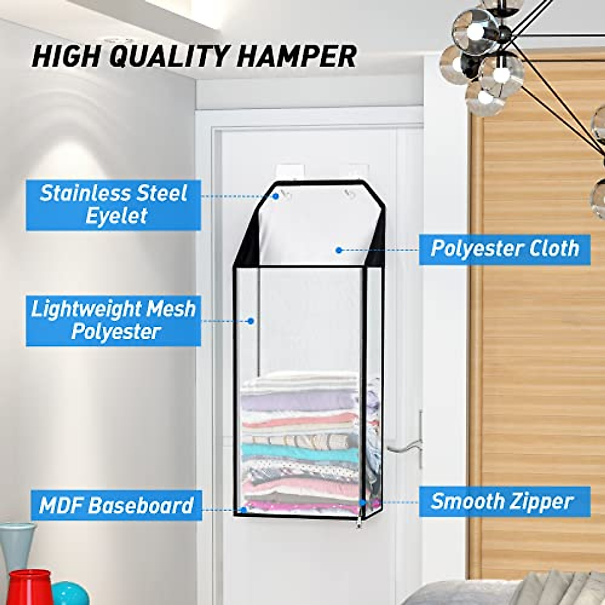 MaxGear Hanging Laundry Hamper, Over the Door Hamper with 2 Kinds of Hooks for Dirty Clothes Organizer, Mesh Wall Hanging Laundry Basket with Zipper for Bathroom, Wardrobe, Dormitory (Black-2 Pack)