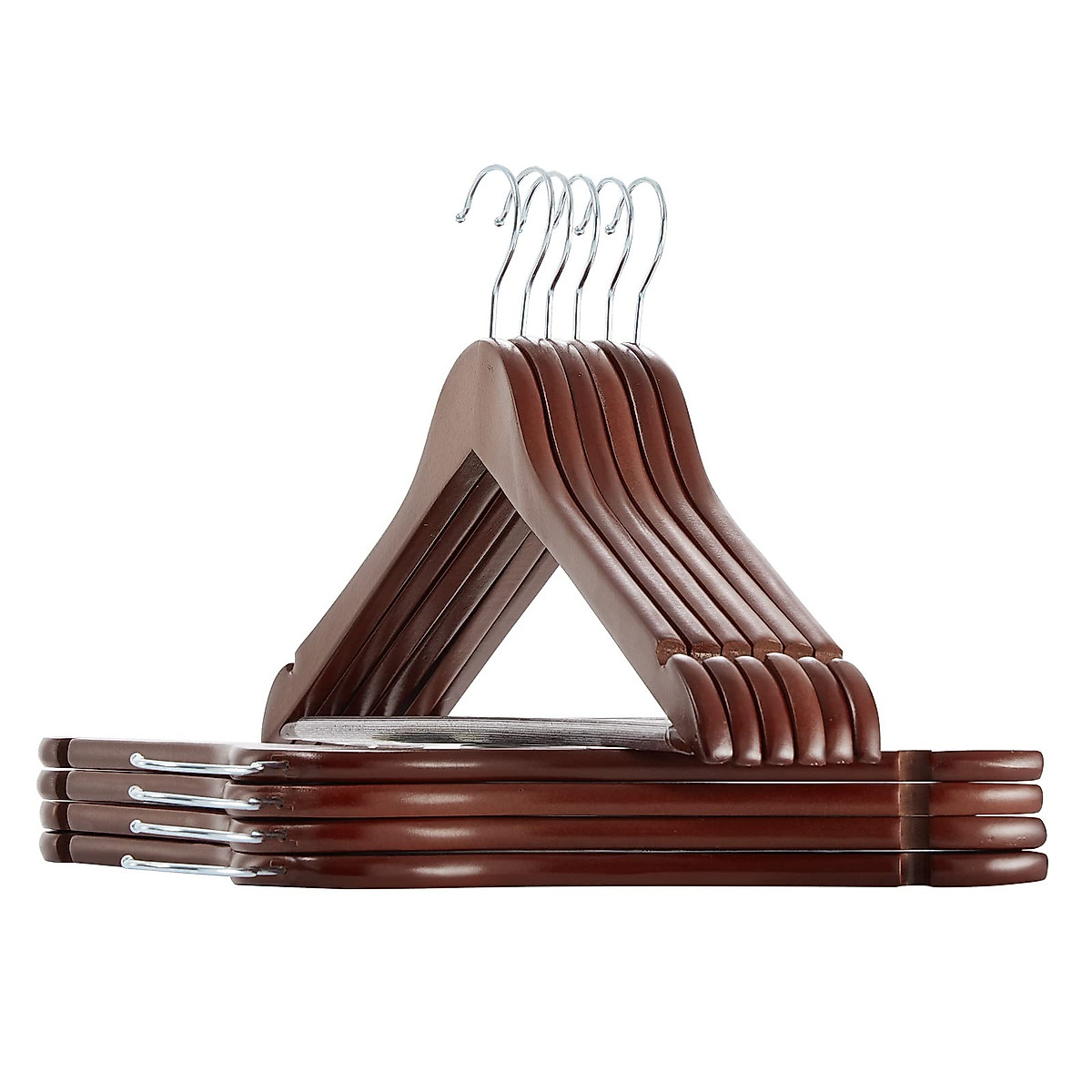 TECHMILLY Solid Natural Wooden Coat Hangers, 10 Pack Heavy Duty Smooth Finish Suit Hangers with Non-Slip Pant Bar, Precisely Cut Notches & Chrome Swivel Hook for Closet, Wardrobe