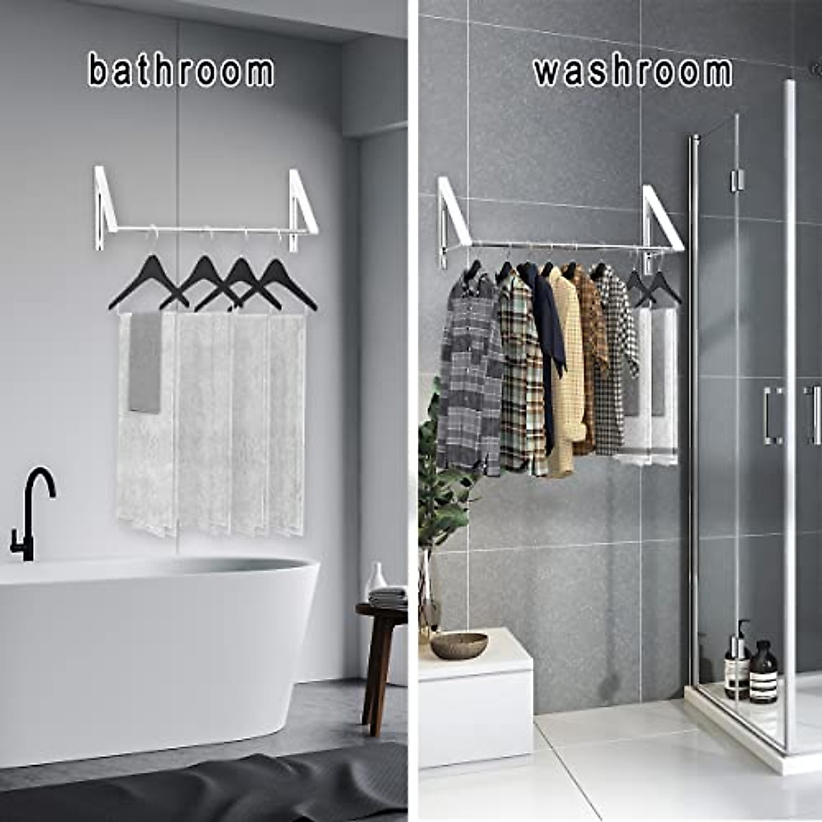 Anjuer Laundry Room Drying Rack Wall Mounted Clothes Hanger Folding Wall Coat Racks Aluminum Home Storage Organiser Space Savers White 2 Rakcs with Rod