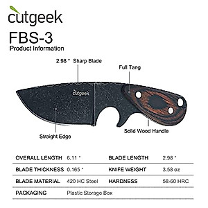 cutgeek FBS-3 Mini-Series Small Fixed Blade Knife 6-inch Overall Fixed Knife Outdoor Knife with Solid Wood Handle