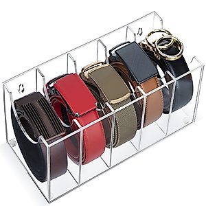PROKTIK Acrylic Belt Organizer - 5 grid Belt Holder – Wall Mount Belt Storage – Tie and Belt Organizer for Closet and Drawer – Belt Display - Organizer for Belts, Ties, Watches, Cosmetics, Underwear
