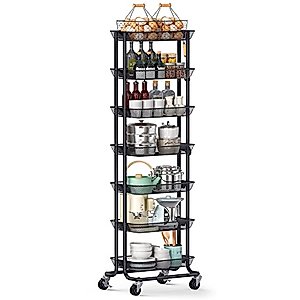 7 Tier Rolling Utility Carts, Mesh Storage Rack with Lockable Wheels, Rolling Storage Cart Kitchen Cart Multifunctional Rolling Shelf for Office, Bathroom, Kitchen, Kids' Room, Classroom (Black)