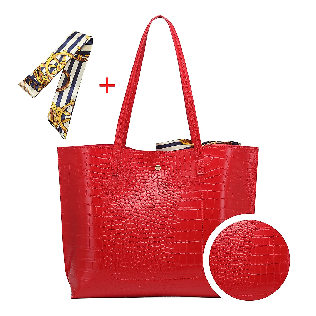 Women's Tote Shoulder Bag PU Leather Big Capacity Tassel Handbag (Large, L-Crocodile pattern Red)