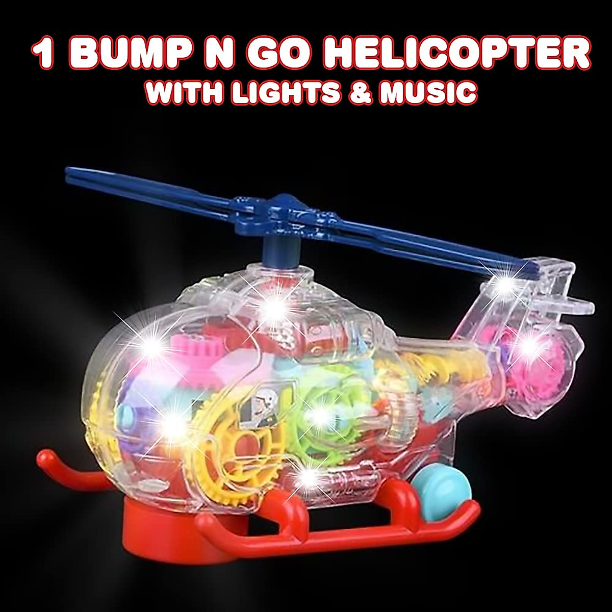 ArtCreativity Light Up Transparent Toy Helicopter for Kids, 1PC, Bump and Go Toy Car with Colorful Moving Gears, Music, and LED Effects, Fun Educational Toy for Kids, Great Birthday Gift Idea