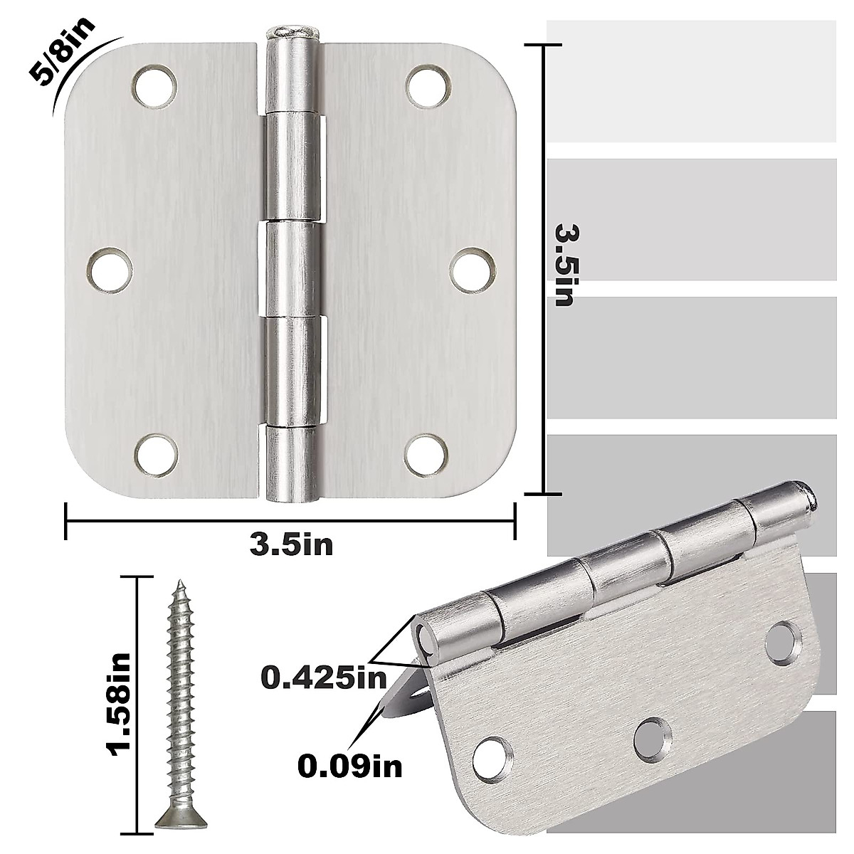 Door Hinges, Brushed Nickel 3.5 x 3.5 Inch Interior 3 1/2 Inch Silver Door Hinges Rounded 5/8" Radius Corners Iron Bifold Residential Hinges for Doors Hardware (3 Pack)
