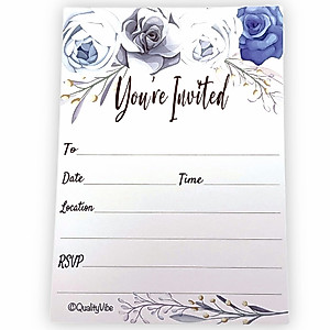 25 Gray & Blue Flower Invitations With Envelopes, Fill In Style You're Invited, Elegant Gray, Birthdays, Baby & Bridal Showers. Thick & Non Coated Cardstock For Use With Any Pen.
