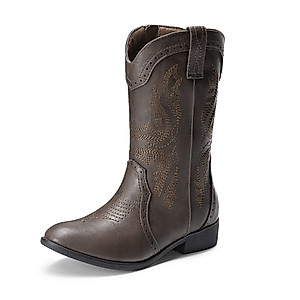 DREAM PAIRS Cowgirl Boots for Girls Boys Cowboy Boots Kids Western Embroidered Mid Calf Riding Shoes with Walking Heel Toddler/Little Kid/Big Kid,Size 4 Big Kid,Brown,SDBO2222K