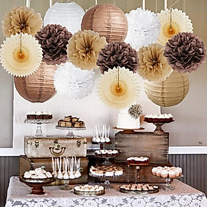 Cream Tan Brown Party Decorations Rustic Paper Fans Lanterns Pom Poms Boho Brown and Beige Neutral Party Decorations for Brown Birthday Decorations Baby Shower Bridal Shower Engagement Wedding