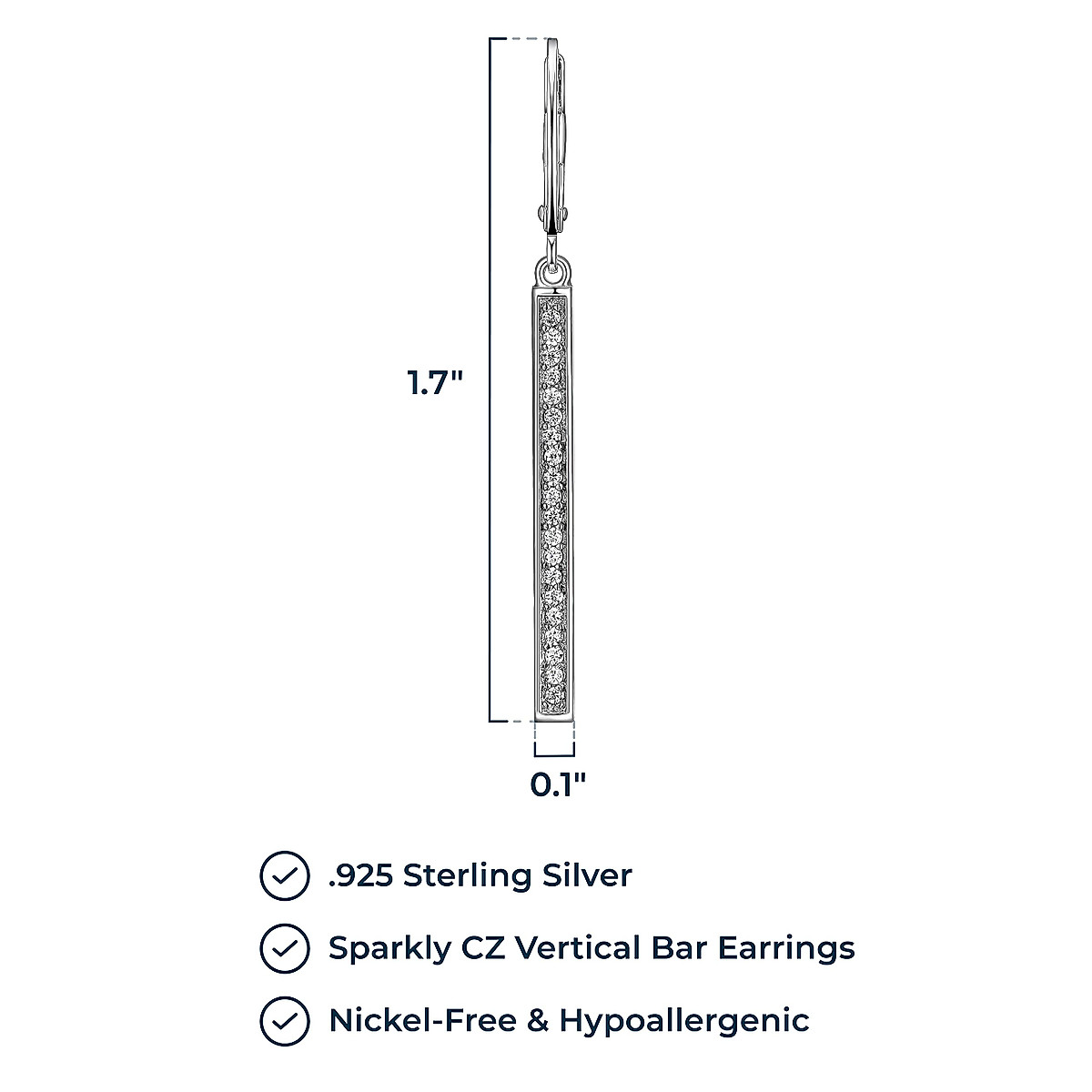 MORGAN & PAIGE .925 Sterling Silver Cubic Zirconia Vertical Bar Drop Earrings 1-3/4" Linear Dangle Earrings For Women