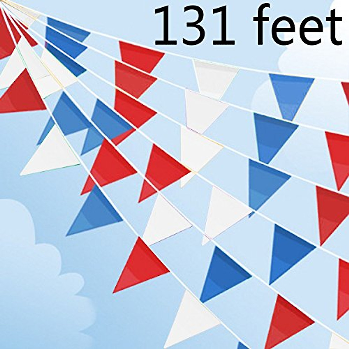 July 4th Fourth Party Decorations 131feet Red Blue and White Triangular Fabric Outdoor Pennant Banner, Fourth of July Bunting Flags Events Decoration for Independence Day